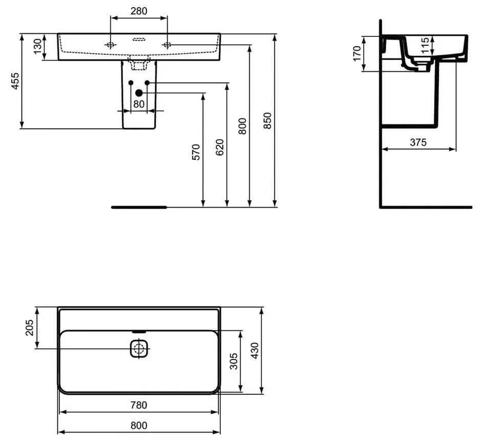 Ideal Standard Strada II - Umyvadlo 800 mm (glazovaná strana), bez otvoru, Bílá, T363901