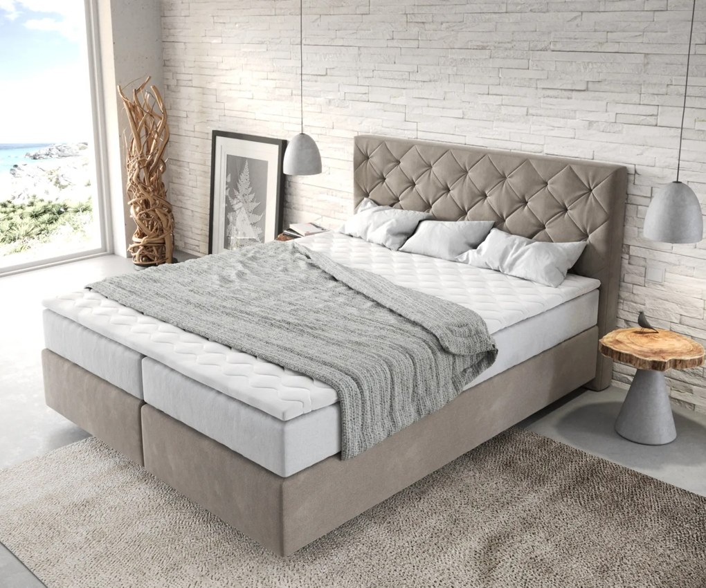 DELIFE Boxspring postel Dream-Great 160x200 cm mikrovlákno béžová s taštičkovou pružinovou matrací a visco topperem