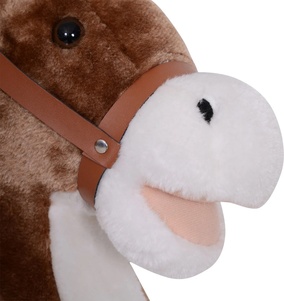 HOMCOM Houpací hřebec s cowboyským sedlem - Velké pohodlí, krátký měkký plyš, topolové dřevo, hnědý