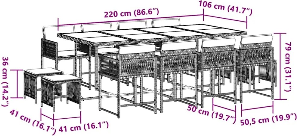 13dílný zahradní jídelní set s poduškami šedý polyratan 3211520