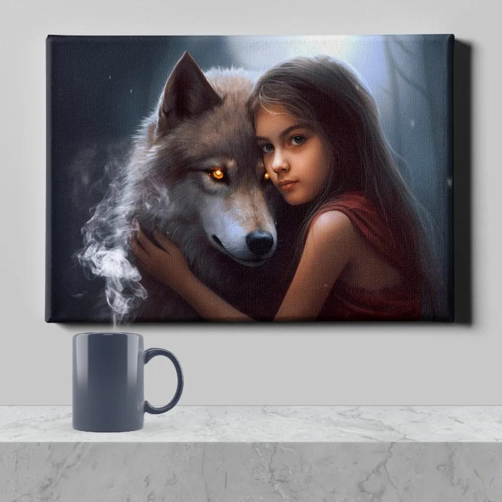Obraz na plátně - Dívka a její nejlepší přítel vlk FeelHappy.cz Velikost obrazu: 180 x 120 cm