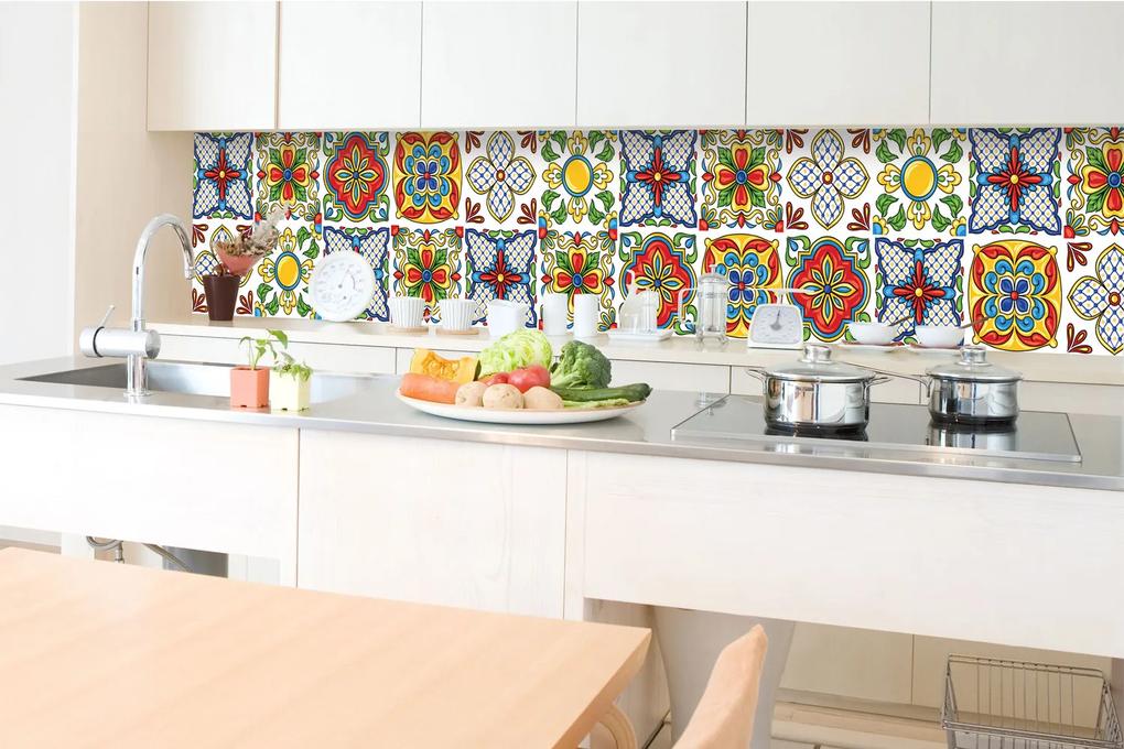 DIMEX | Fototapeta do kuchyně Mexické keramické kachličky KI-350-240 | 350 x 60 cm | vícebarevná, bílá