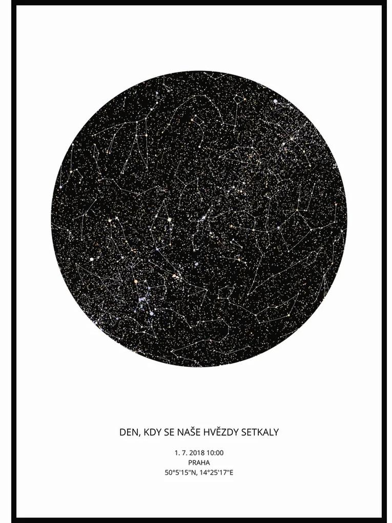 Hvězdná mapa Vašeho životního okamžiku Rozměr plakátu: 50 x 70 cm, Barva pozadí: Vesmírná, Volba rámu: Bílý dřevěný rám