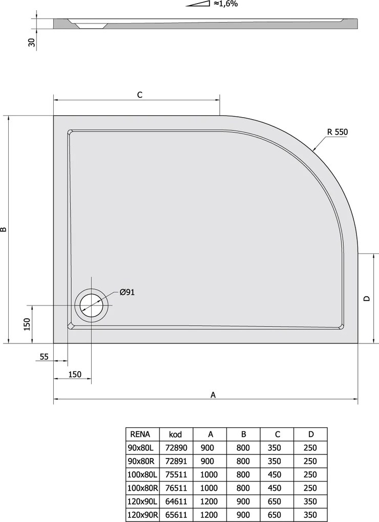 Polysan RENA R 120 x 90 cm sprchová vanička 65611 litý mramor pravá