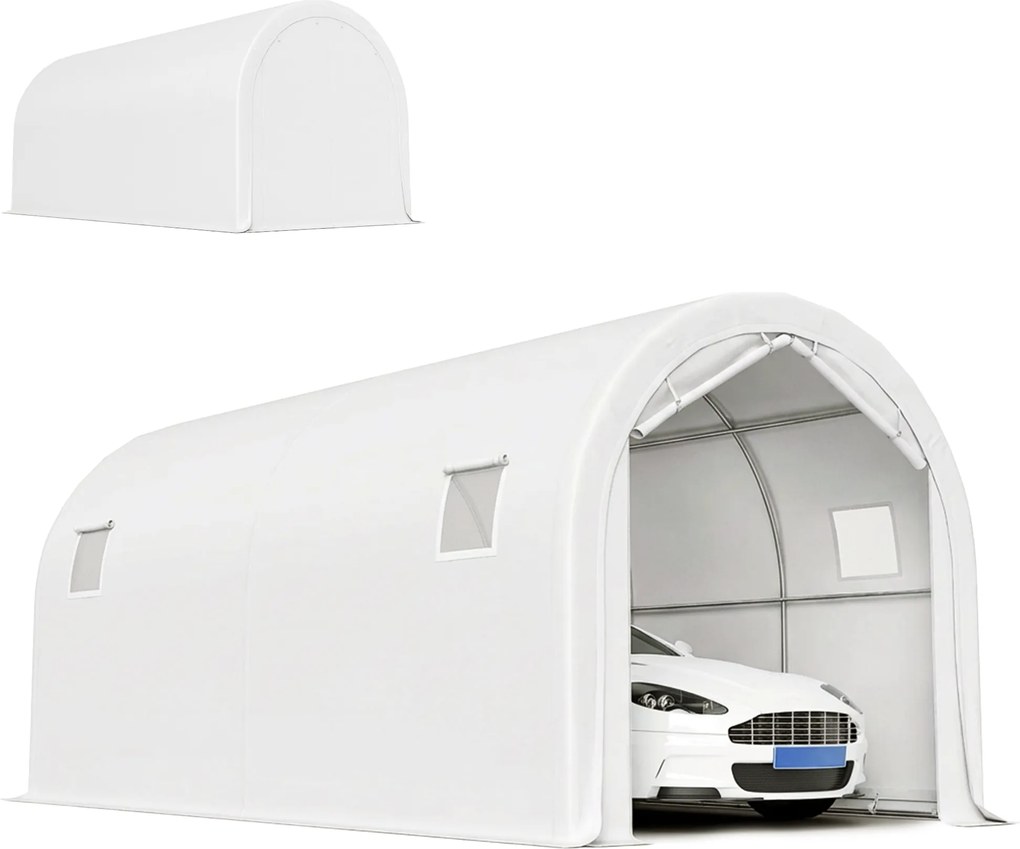 Outsunny venkovní garáž pro auto 3x6 m, vodotěsná, s odolnou PE tkaninou, rám z pozinkovaného kovu, UPF 30+, bílá