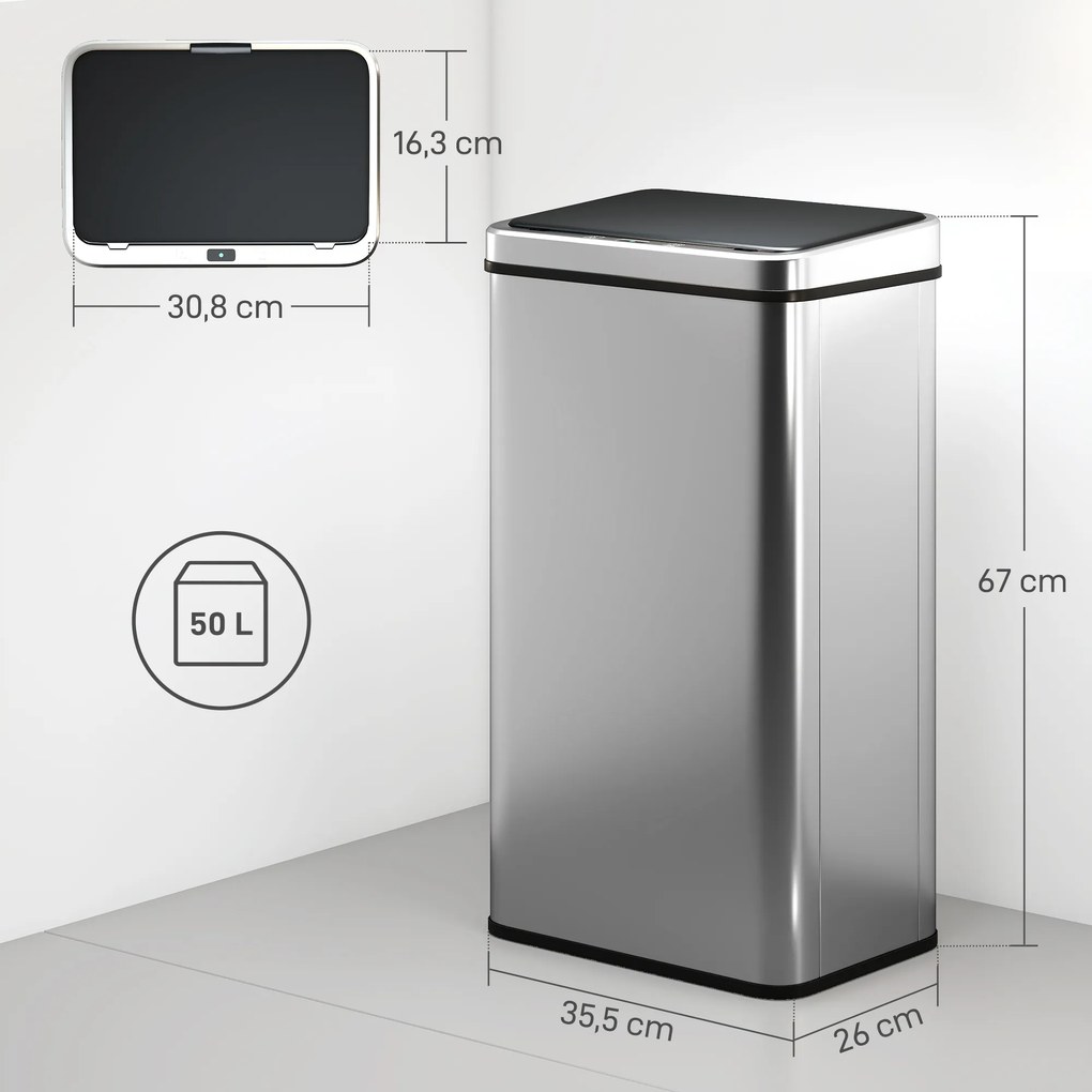 HOMCOM Senzorový odpadkový koš 50 l nerezová ocel Automatický odpadkový koš s víkem s měkkým zavíráním Senzor pohybu 35,5 x 26 x 67 cm Stříbrná barva