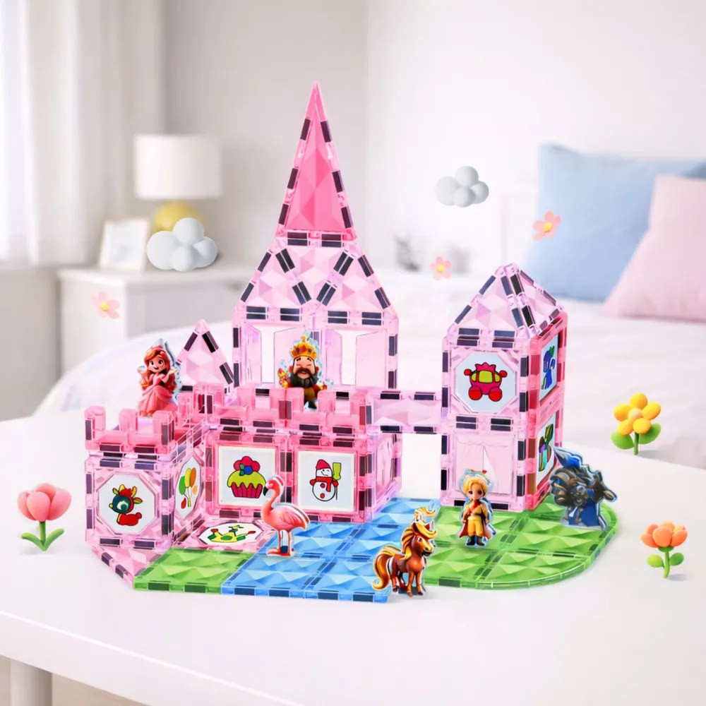LEAN Toys Magnetické kostky s figurkami, barvy, kartičky k malování, růžové, 80 ks.
