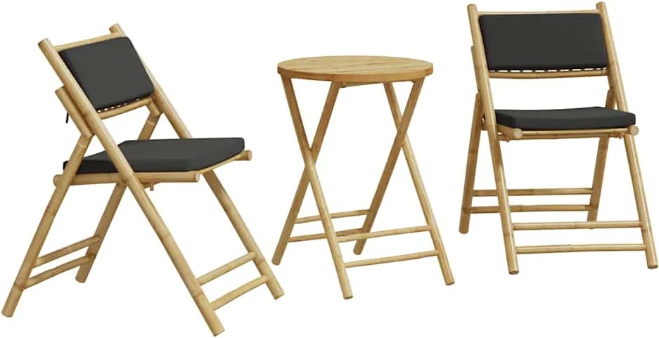 3dílný skládací bistro set s tmavě šedými poduškami bambus 3208940