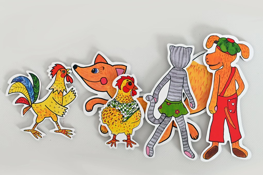 MARIONETINO Pejsek, Kočička, Kohoutek, Slepička, Liška - loutky 5 ks DÁRKOVÁ KRABIČKA: Baleno v krabičce.