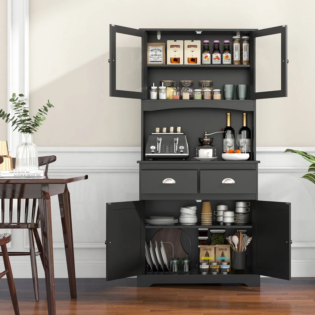 Costway Kuchyňská skříň vysoká s 4 dvířky a 2 zásuvkami a pracovní deskou a 2
