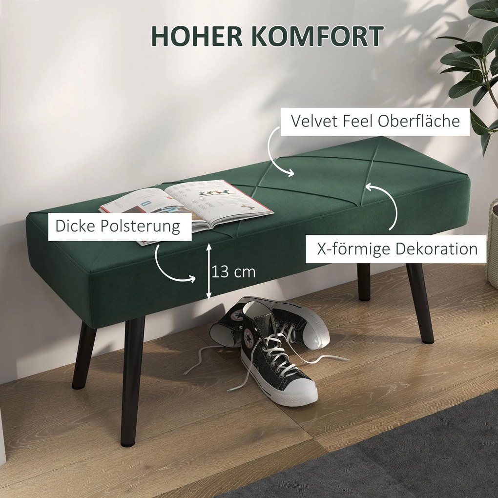 HOMCOM čalouněná lavice sametového vzhledu lavice k posteli lavice do předsíně X-vzor do 120 kg do ložnice 100x36x45 cm v zelené barvě