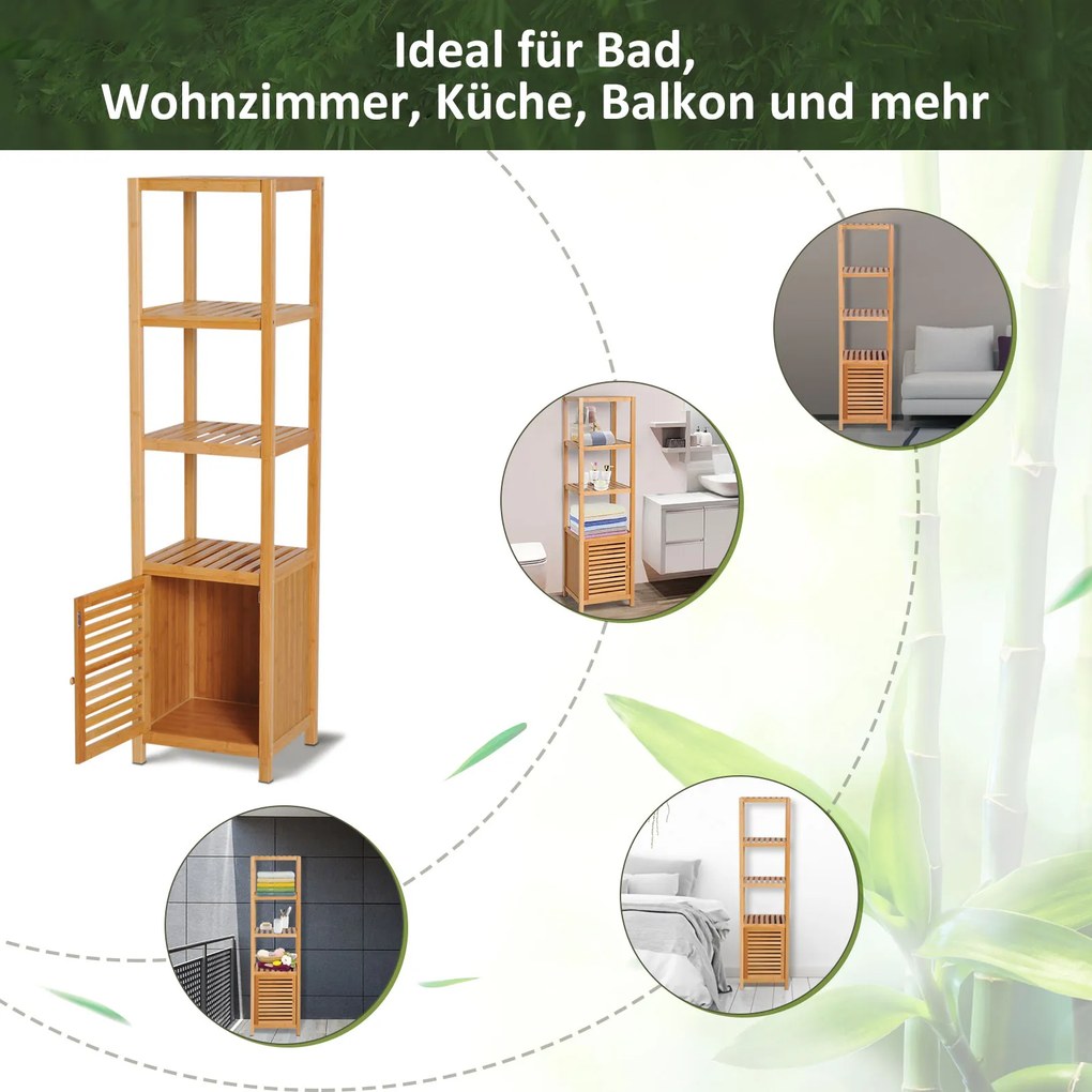 HOMCOM Koupelnová skříňka se 3 otevřenými přihrádkami z bambusu, toaletní skříňka přírodní 36x33x140cm pro optimální skladování