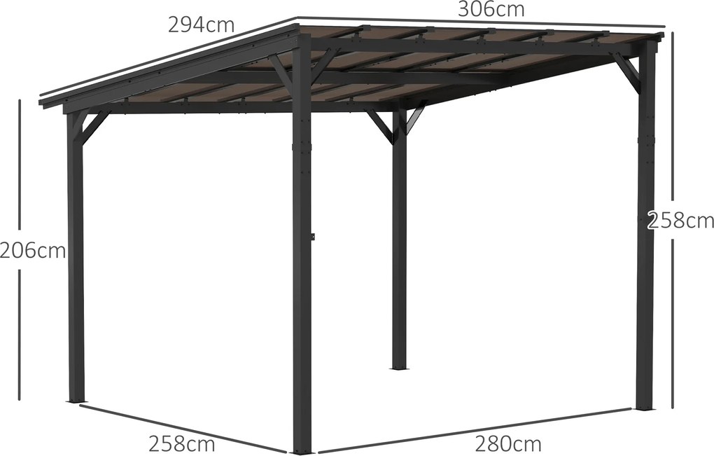 Outsunny pergola pavilon cca 3x3m, voděodolný, stabilní, zimní zastřešení terasy s UV ochranou 50+, nástěnný kovový zahradní pavilon, ochrana před sl…