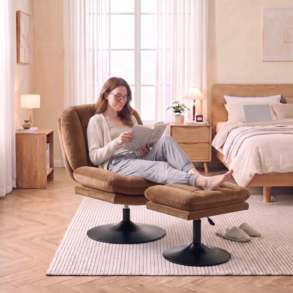 HOMCOM Lounge křeslo s podnožkou, 360° otočné, z Raindrop sametu, výškově nastavitelná podnožka, hnědé