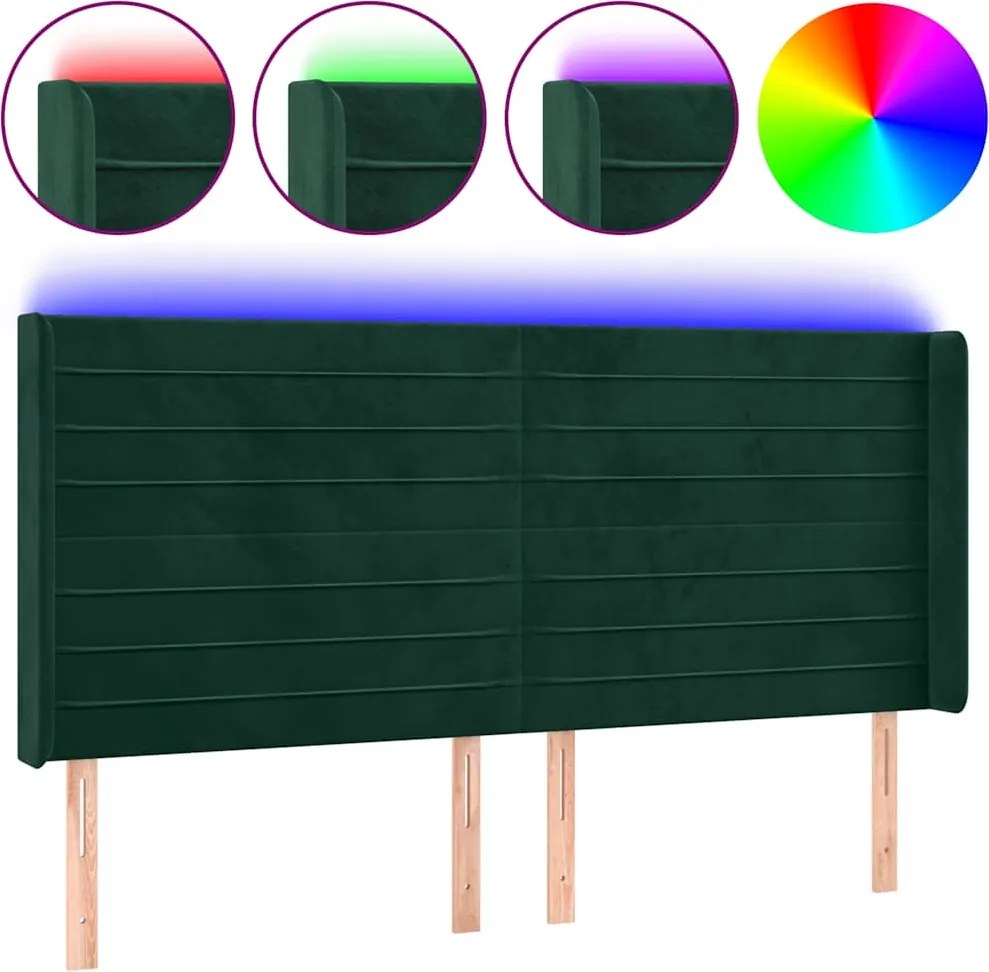 Čelo postele s LED tmavě zelené 203 x 16 x 118/128 cm samet 3124257