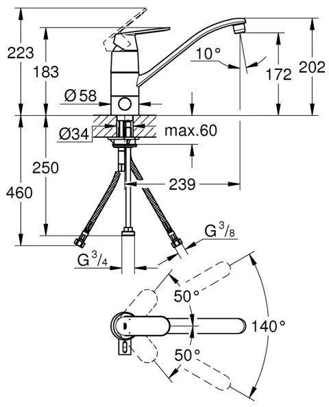 GROHE 31161000 - Dřezová baterie EUROSMART COSMOPOLITAN 140° lesklý chrom