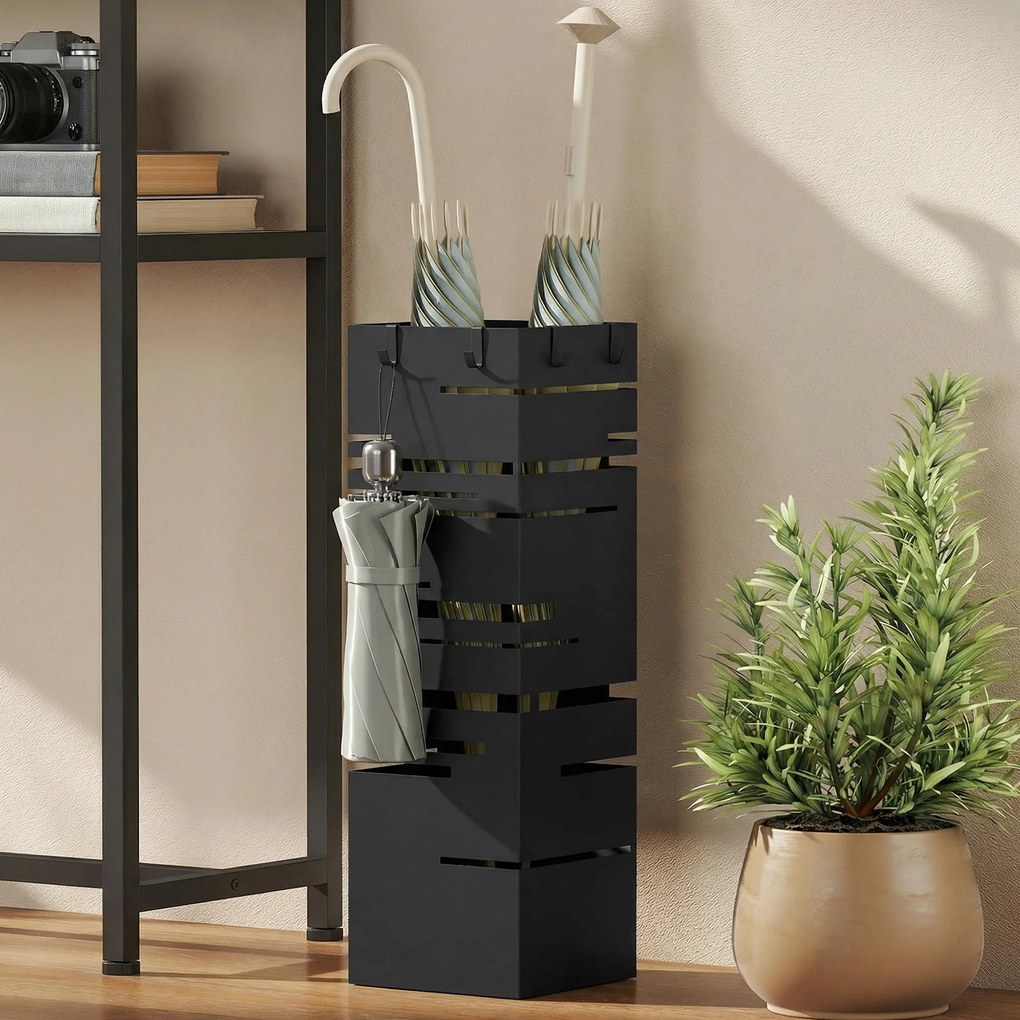 HOMCOM kovový stojan na deštníky s 4 háčky a odnímatelnou miskou, černý — do předsíně nebo kanceláře, 15,5 × 15,5 × 49 cm