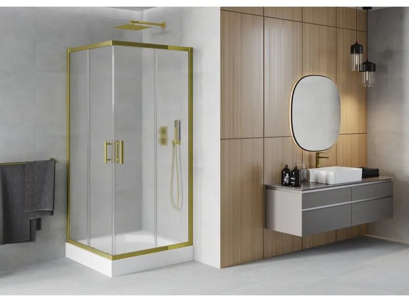 Mexen Rio, čtvercový sprchový kout s posuvnými dveřmi 90 (dveře) x 90 (dveře) x 190 cm, 5mm sklo námraza, zlatý profil + bílá sprchová vanička RIO, 860-090-090-50-30-4510