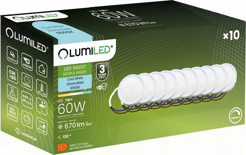 10x Modul Led žárovky Insert 7W 120° 670lm 6500K Studená stmívatelná