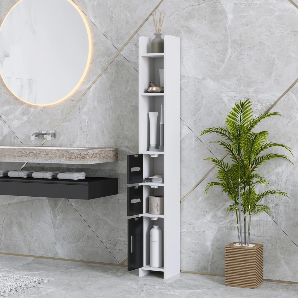 Kleankin koupelnová sloupcová skříň s 3 dvířky, 3 otevřenými policemi a proti-převrhovacím systémem, moderní styl, 15x17x120 cm, bílá a černá