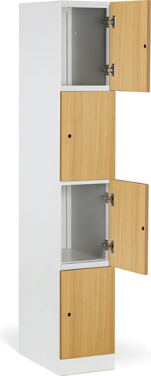 Šatní skříňka S1 s úložnými boxy, 4 boxy, 1850 x 300 x 500 mm, kódový zámek, laminované dveře, bílá