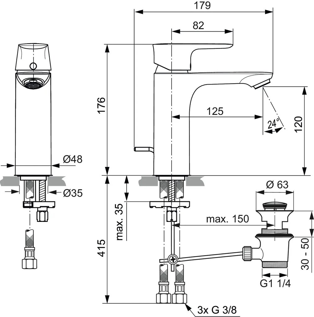 Ideal Standard Connect Air - Umyvadlová baterie Grande s odtokovou garniturou - nízkotlaká, kartáčovaná zlatá A7054A2