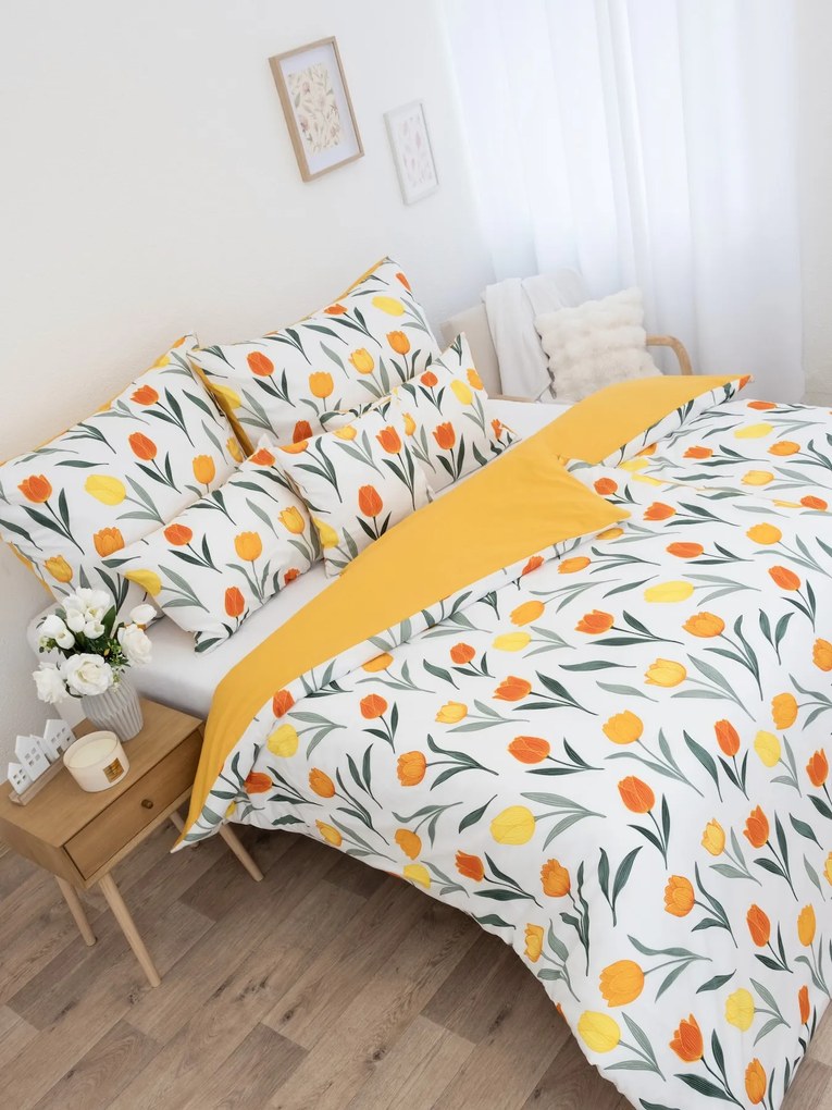 MK Lůžkoviny Prodloužené bavlněné povlečení Renforcé - Květy tulipánů oranžové