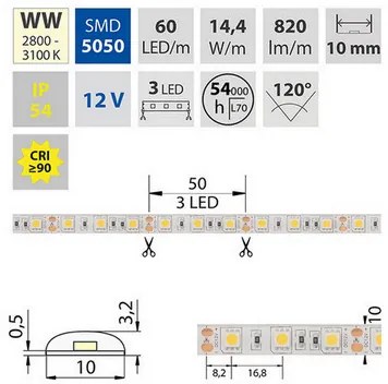LED pásek McLED 12V teplá bílá š=10mm IP54 14,4W/m 60LED/m SMD5050 ML-121.607.60.0