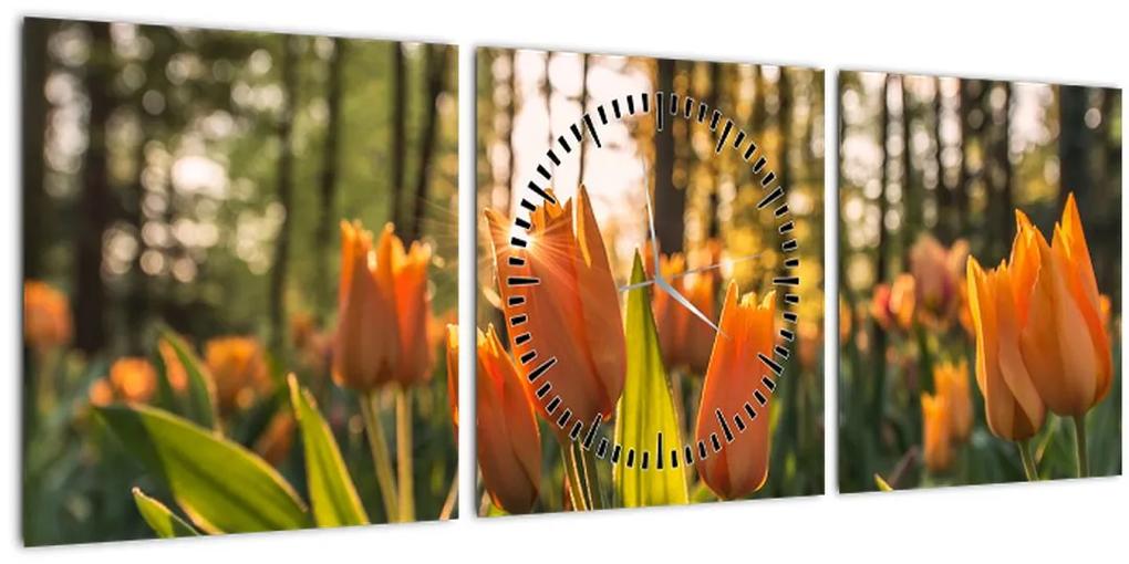 Obraz - oranžové tulipány (s hodinami) (90x30 cm)
