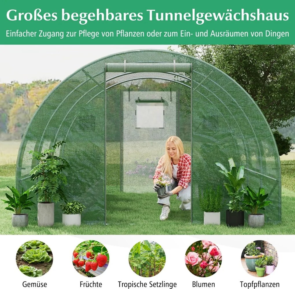 Costway Skleník |12 m² fóliovník s kovovým rámem skleník s 6 rolovacími okny