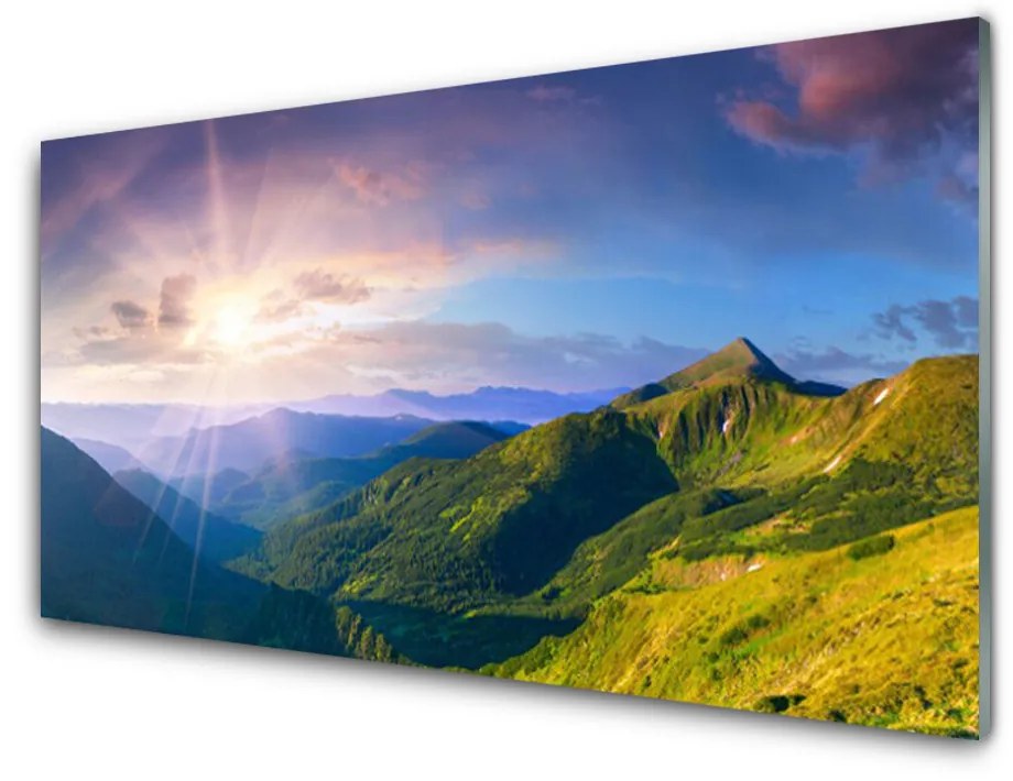 Obraz na skle Hora Louka Slunce Krajina 120x60 cm