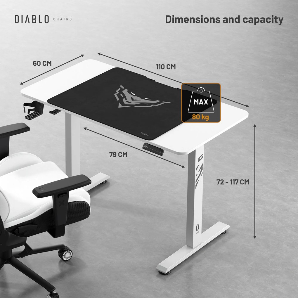 Výškově nastavitelný stůl 110 cm bílý: Diablo X-Tensio 1100