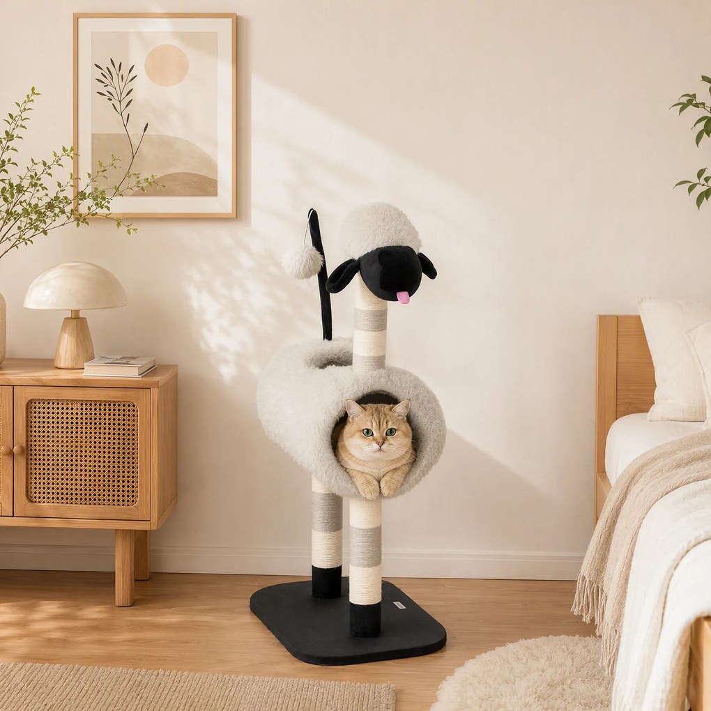 PawHut Kočičí strom v designu ovce, se škrábacím sloupkem, tunelem a hračkou, 98 cm, světle šedá
