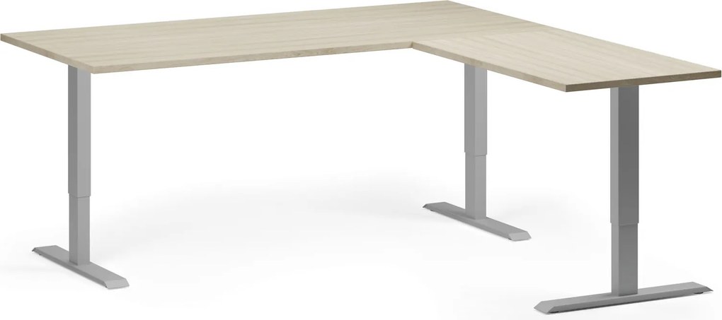 Rohový výškově nastavitelný stůl, 180x180 cm, 3 motory, L/P, šedá podnož, dub přírodní