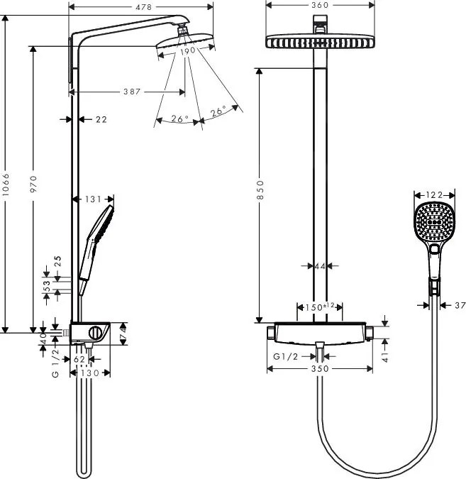 Hansgrohe Raindance Select E, sprchový set Showerpipe 360 ​​s termostatem, EcoSmart 9 l/min, bílá/chrom, HAN-27286400