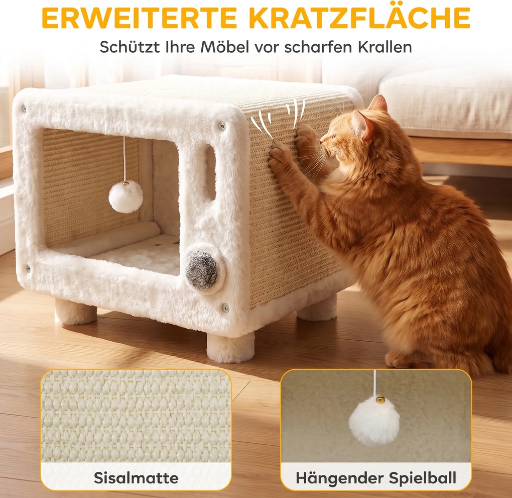 PawHut Kočičí dům ve stylu TV, kočičí jeskyně s houpací sítí a hracím míčkem, škrábací rohož z lnu, pro kočky do 7 kg, 50 x 33 x 42 cm