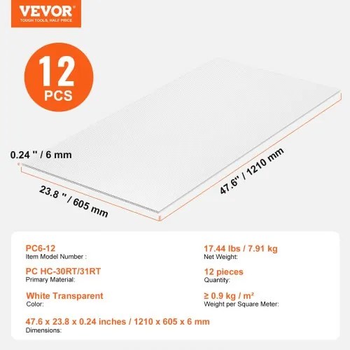 Polykarbonátové skleníkové panely 12 Kusů 2 × 1,2 m × 0,6 cm Střešní plechy