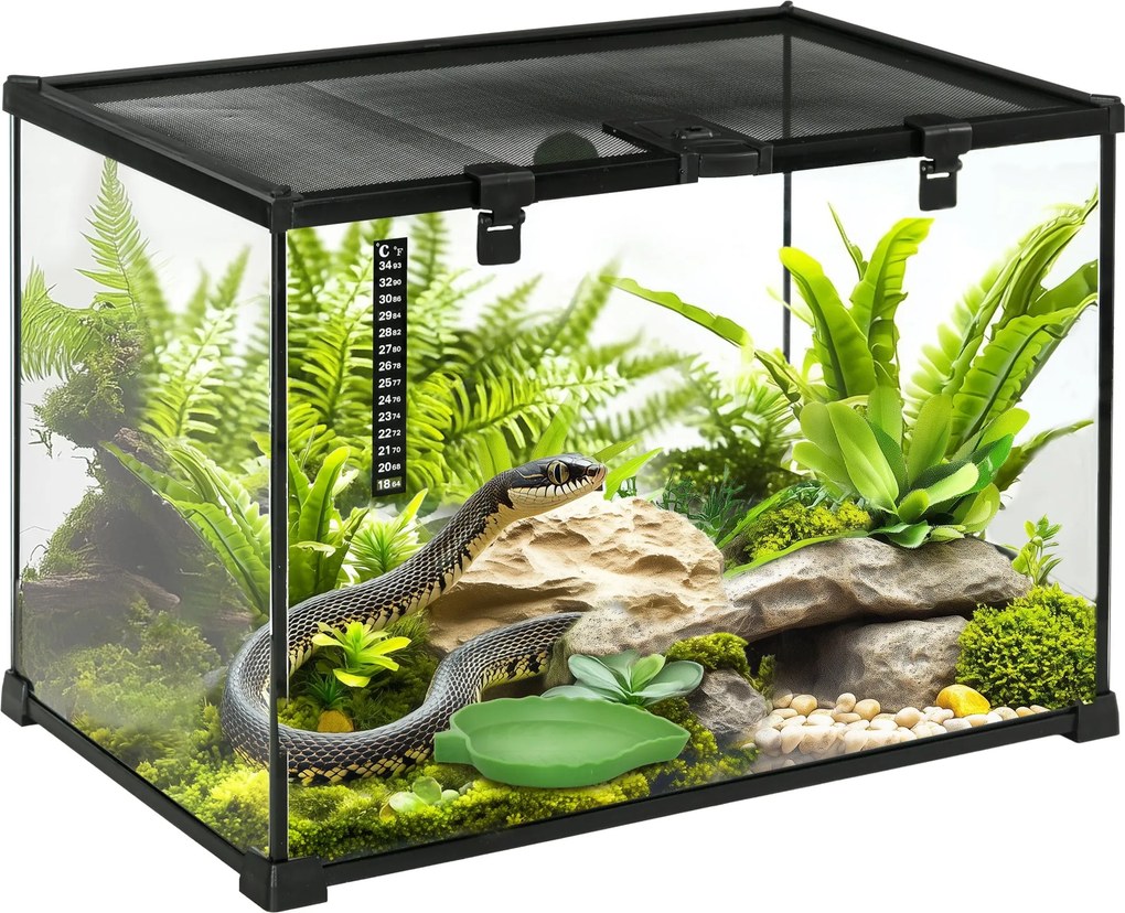 PawHut terárium pro plazy 50 x 30 x 35 cm, skleněný teráriový box pro chov plazů, kovová konstrukce
