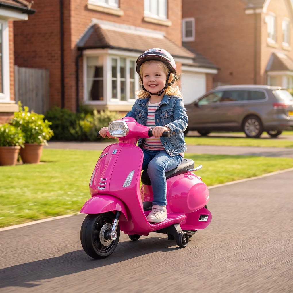 AIYAPLAY Elektrická dětská motorka Vespa 6V s pomocnými kolečky, světlometem a houkačkou pro 2–4 roky 71 x 37 x 52 cm, růžová
