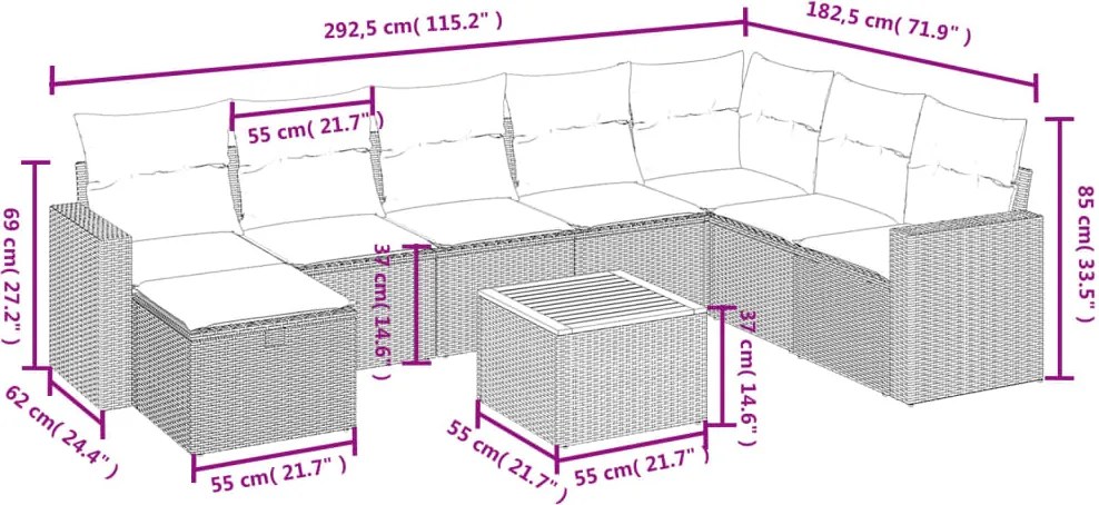 9dílná zahradní sedací souprava s poduškami černá polyratan 3264871