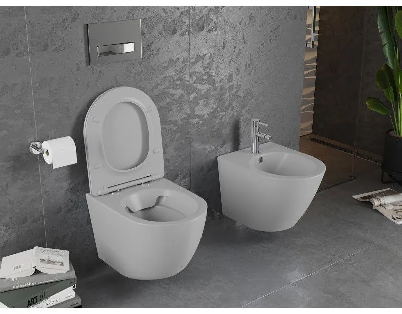 Mexen Lena WC mísa Rimless s WC deskou slim, duroplast, světle šedá matná, 30224061