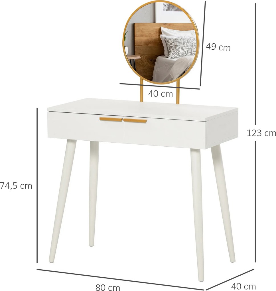 HOMCOM Toaletní stolek s kulatým zrcadlem, líčící stolek se 2 zásuvkami, moderní styl pro ložnici nebo šatnu 80x40x123 cm Bílý