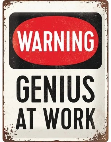 Plechová cedule Warning! - Genius at Work, (30 x 40 cm)