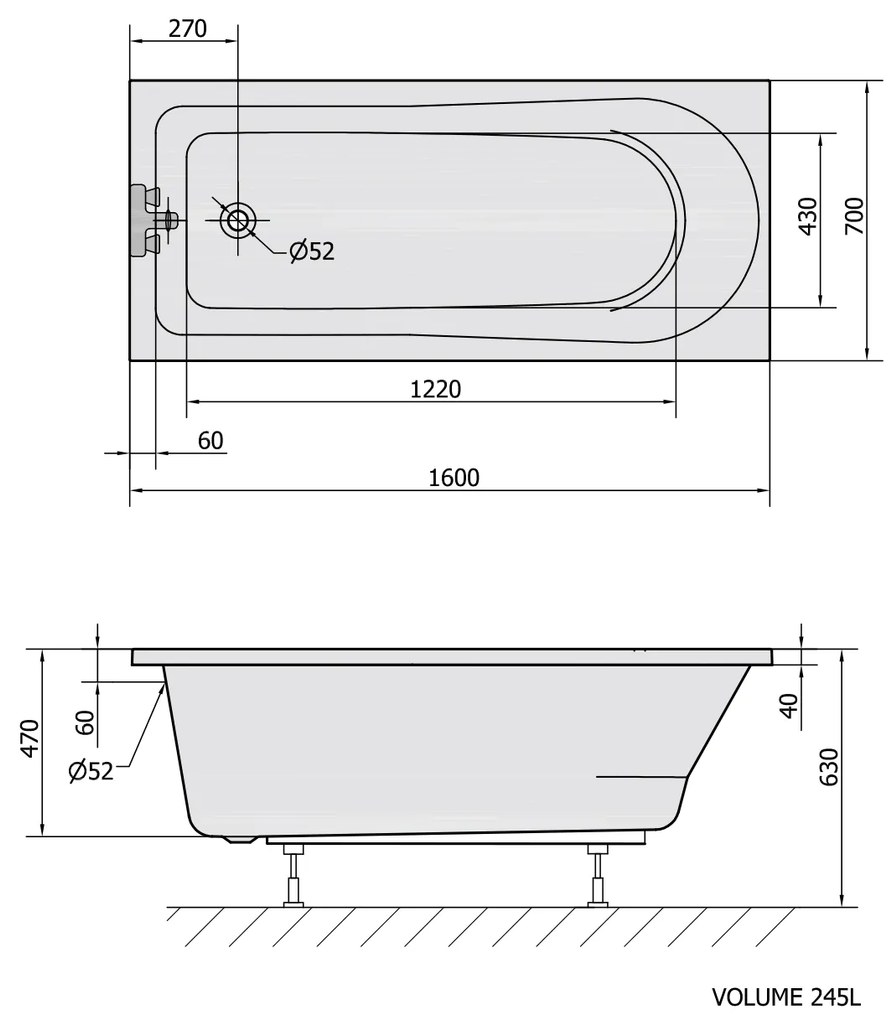 Polysan LISA obdélníková vana s konstrukcí 160x70x47 cm, bílá, 86211