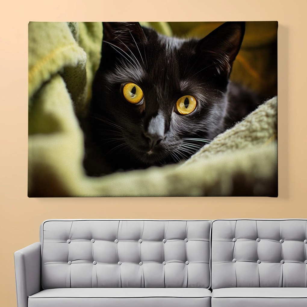 Obraz na plátně - Najdi kočku, černá kočka v zelené dece FeelHappy.cz Velikost obrazu: 180 x 120 cm