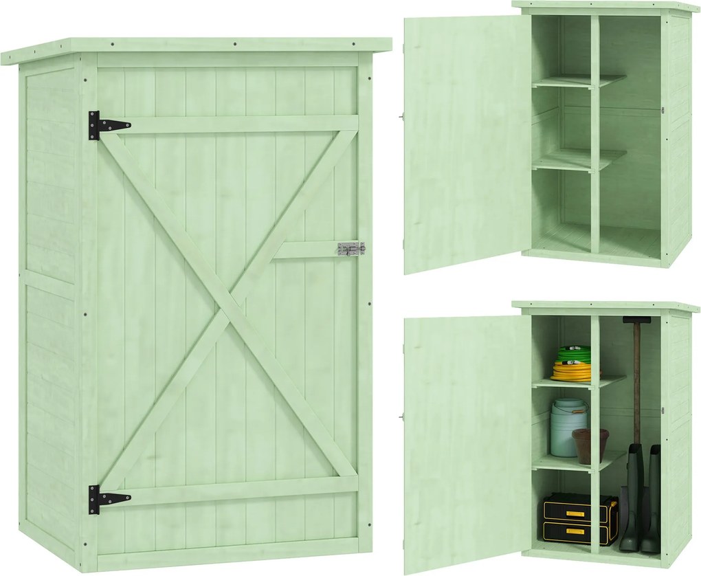 Outsunny dřevěná zahradní skříň 75 × 56 × 115 cm – venkovní úložná skříňka na nářadí s 3 policemi, zamykatelné dveře a asfaltová střecha - zelená | Ao