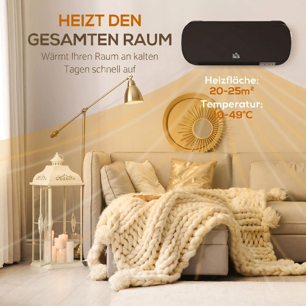 HOMCOM Topný ventilátor na stěnu 2000W s dálkovým ovládáním, 2 topné režimy, LED displej, 12hodinový časovač pro koupelnu 820-254V90BK