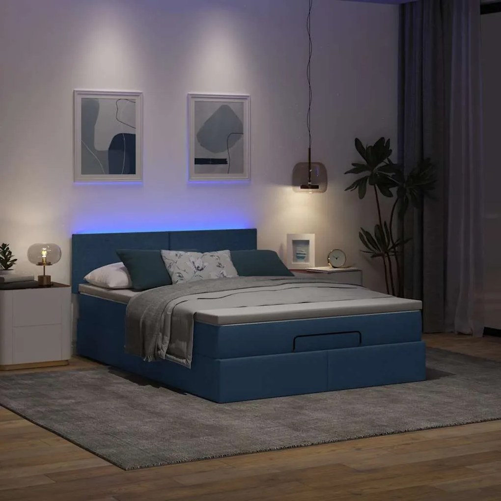 Osmanská postel s matrací & LED modrá 140x190 cm látka 3312228
