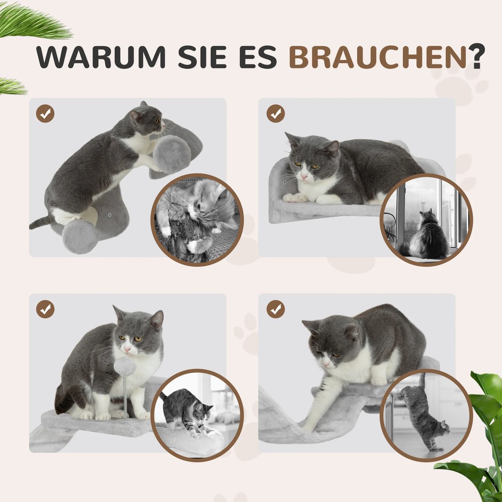 PawHut sada prolézaček pro kočky, 4-dílný nábytek pro kočky se schůdky, žebříkem, skákací věží, škrabadlem, míčkem na hraní, pro kočky do 5 kg, světl…