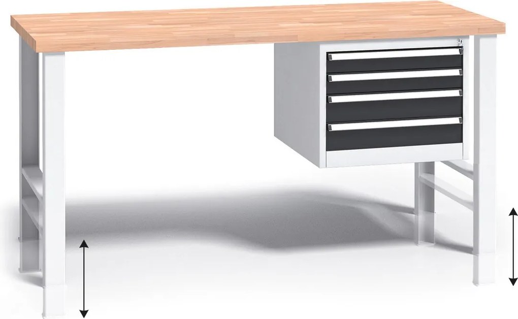 Výškově nastavitelný pracovní stůl do dílny G3 se závěsným boxem na nářadí, buková spárovka, 4 zásuvky, 1500 x 685 x 840 - 1050 mm, grafit